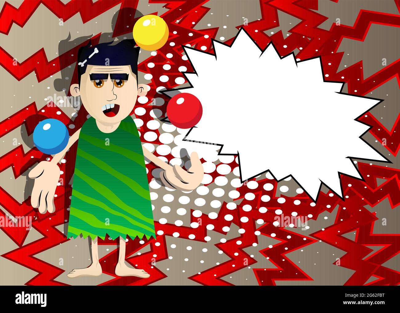 Cartoon prehistoric man as a juggler from the circus. Vector ...