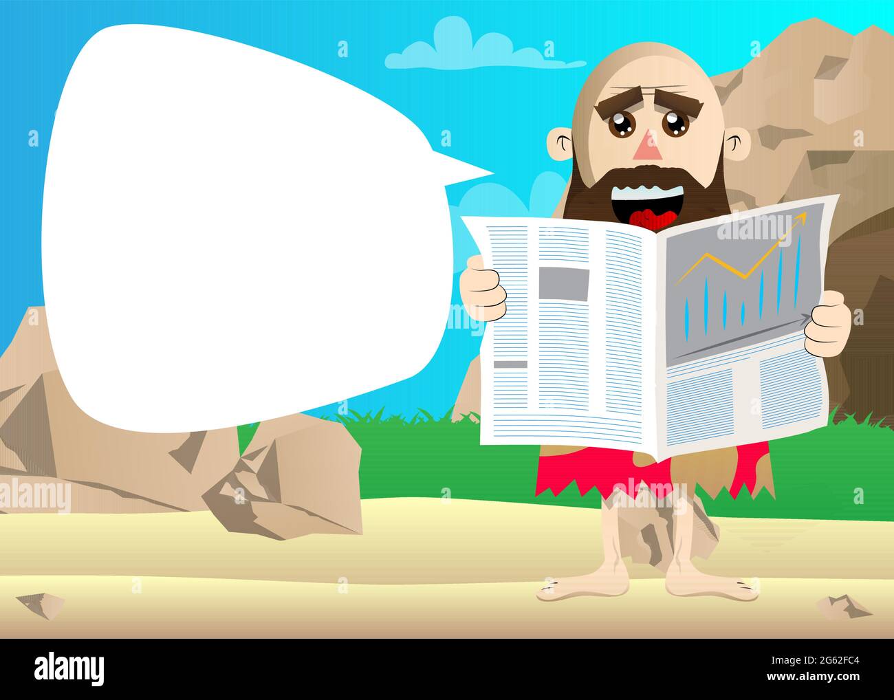 Cartoon prehistoric man reading newspaper. Vector illustration of a man ...