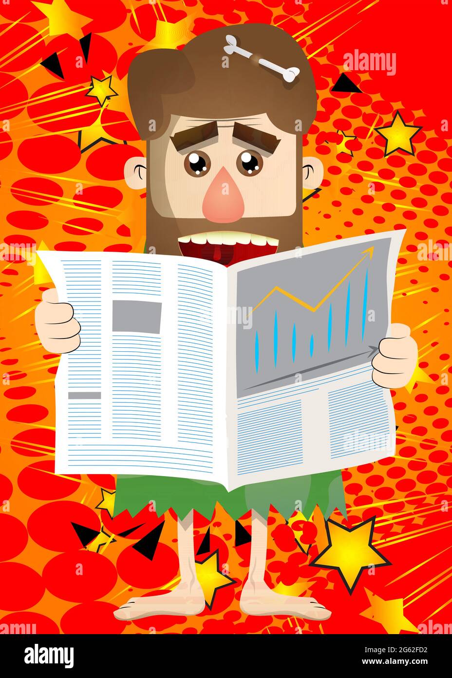Cartoon prehistoric man reading newspaper. Vector illustration of a man ...