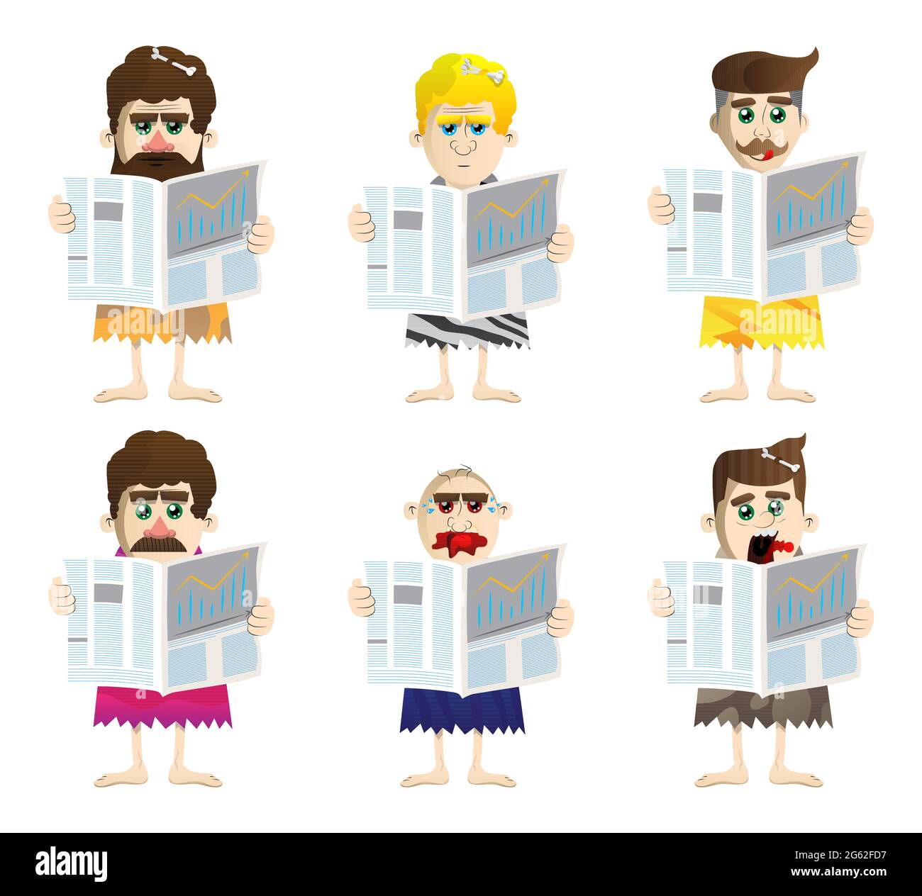 Cartoon prehistoric man reading newspaper. Vector illustration of a man ...