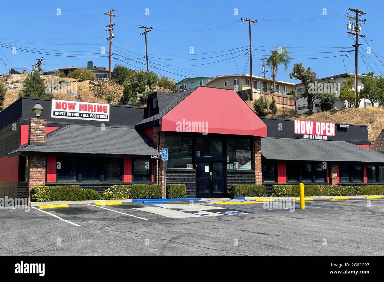 A Now Open for Dine-In and Carry Out and Hiring signs at Shakey's Pizza ...
