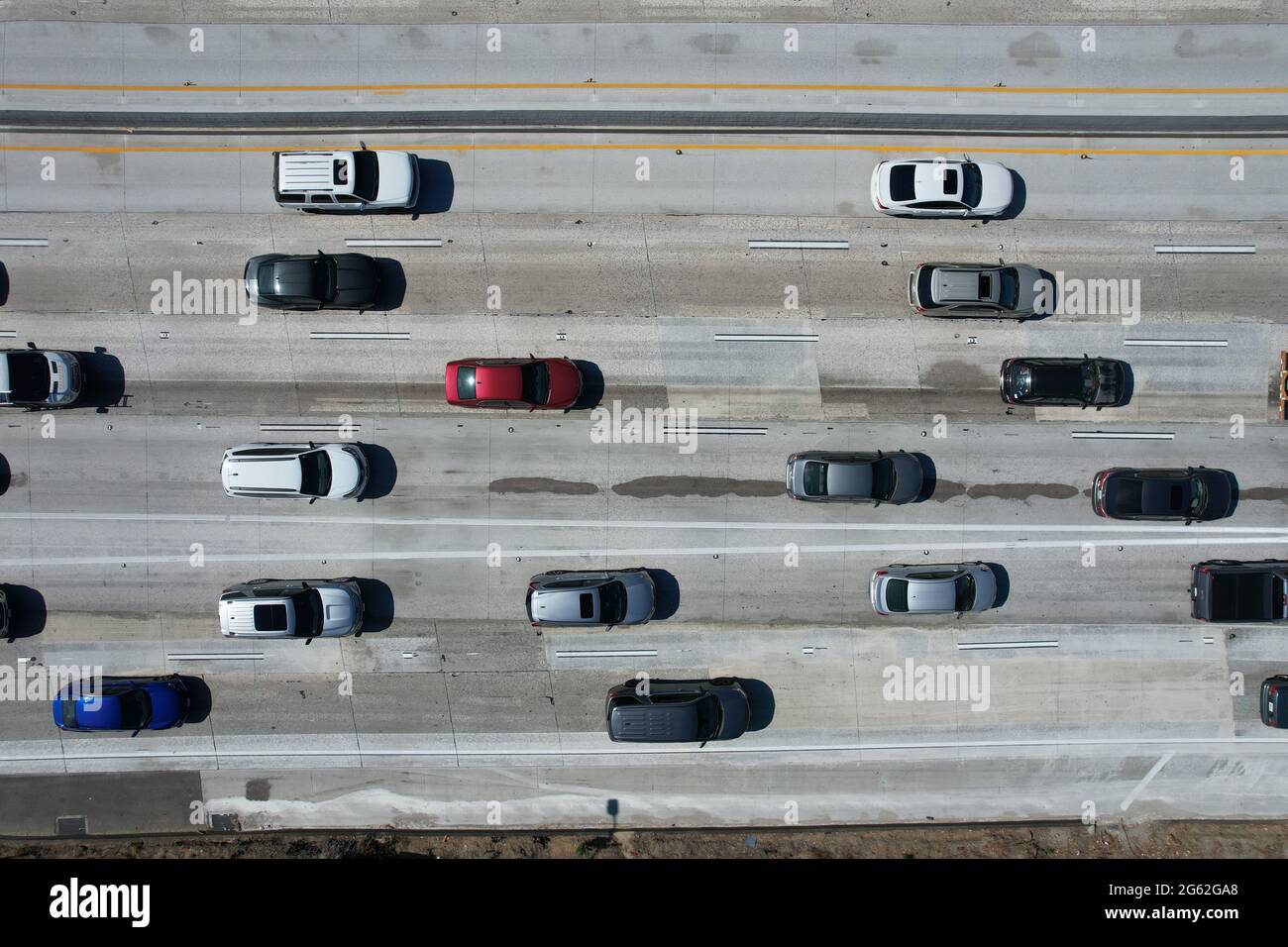 An aerial view of traffic on the California State Route 60 freeway ...