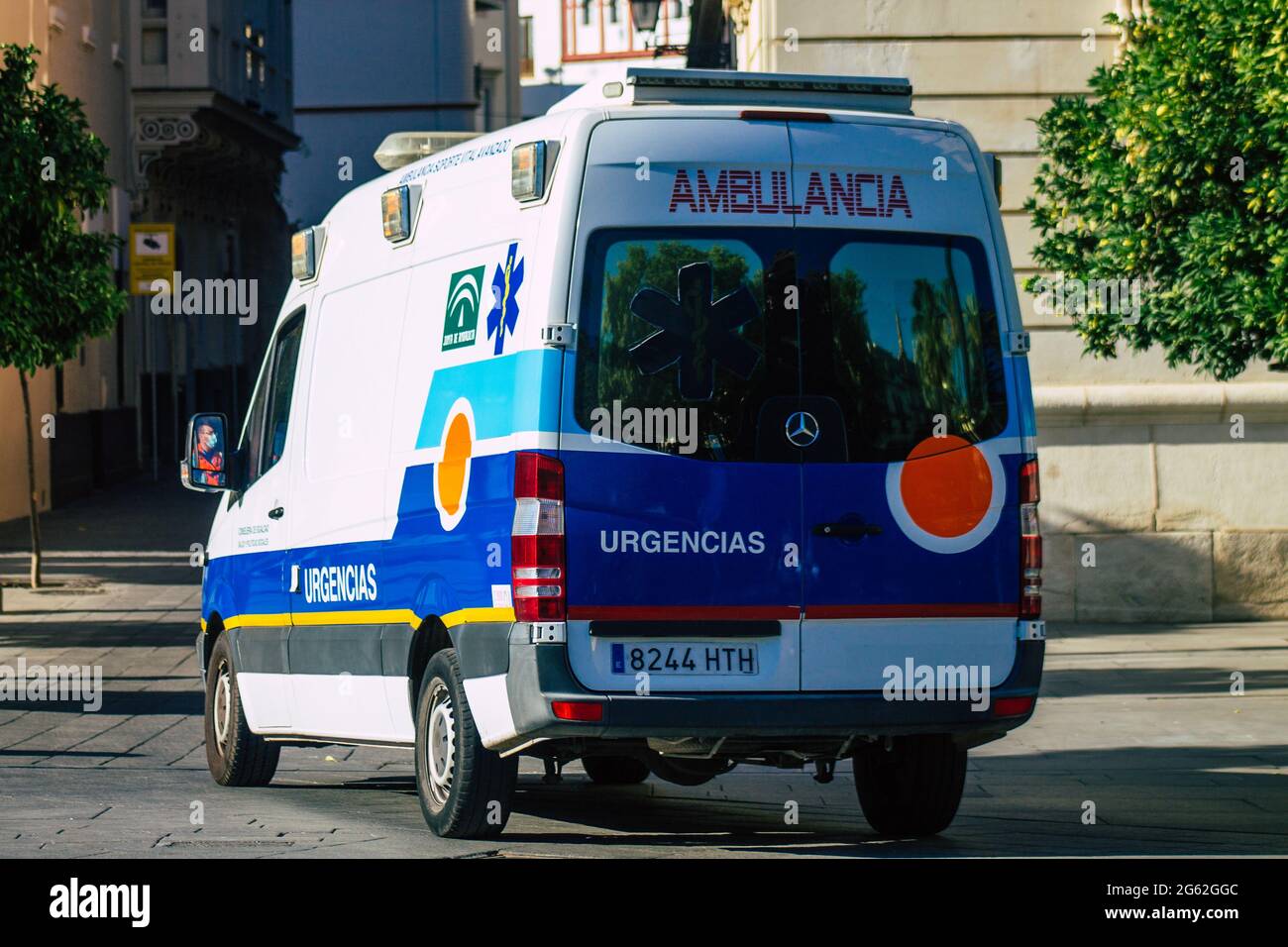 Seville Spain July 01, 2021 Ambulance driving through the streets of ...