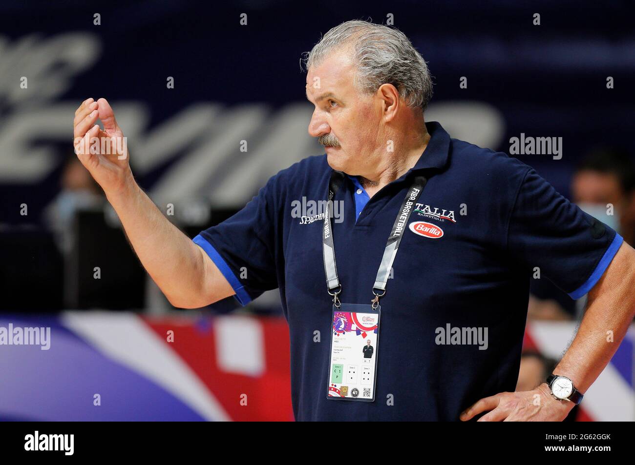 Belgrade. 1st July, 2021. Italy's head coach Meo Sacchetti gestures ...