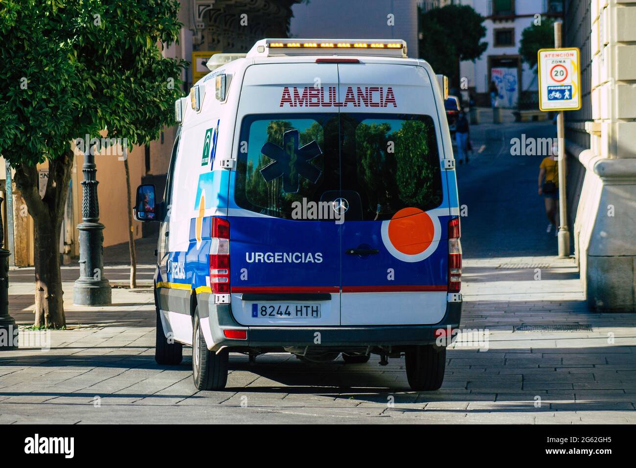 Seville Spain July 01, 2021 Ambulance driving through the streets of ...