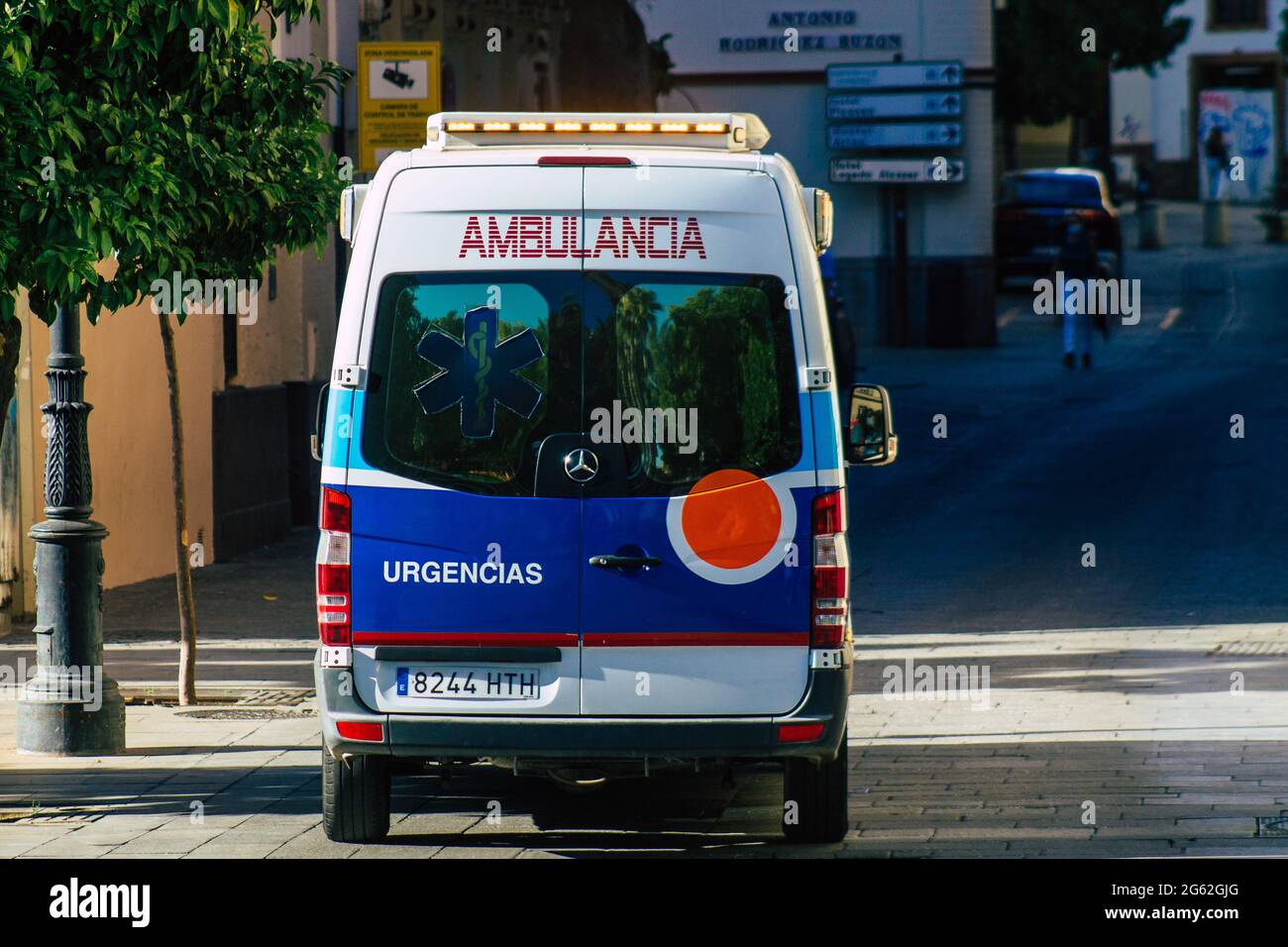Seville Spain July 01, 2021 Ambulance driving through the streets of ...