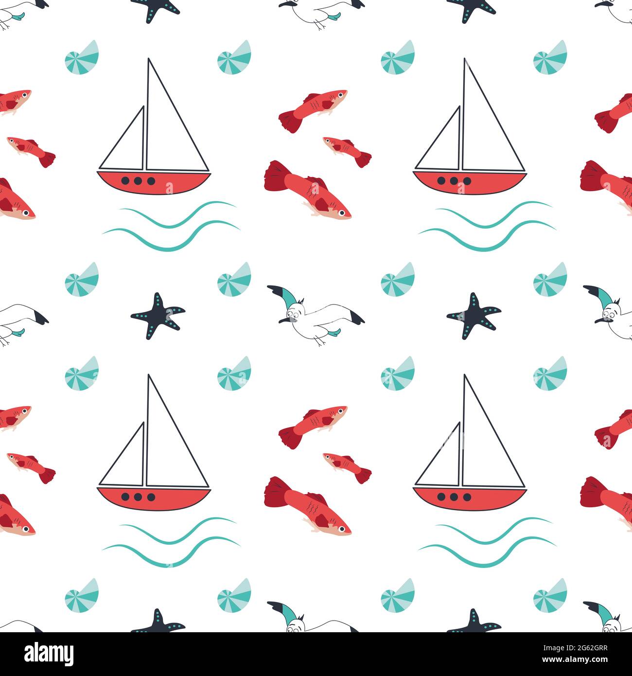 Summer marine pattern with ships, waves, starfish, seagulls and fish on ...