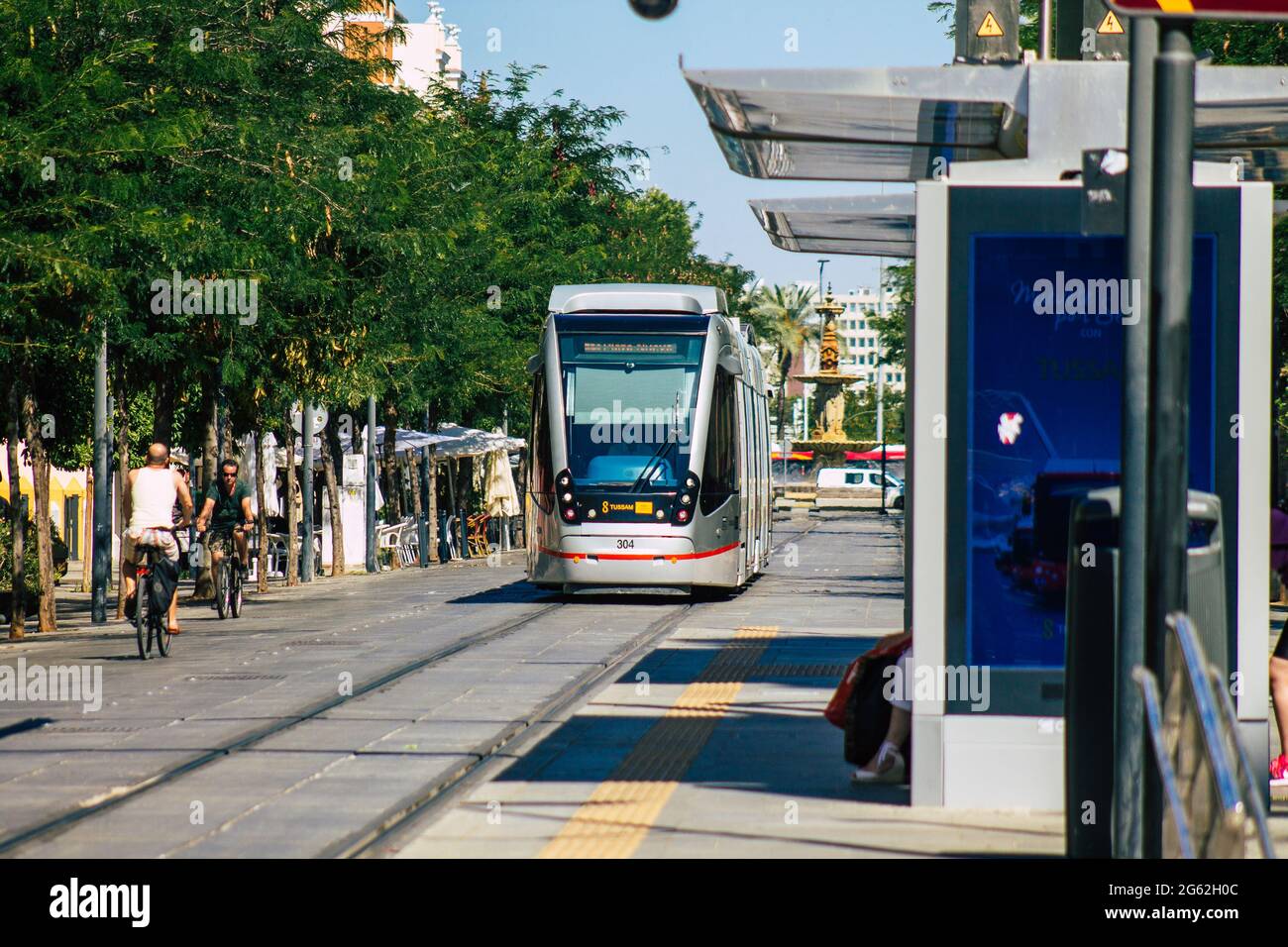 Seville Spain July 01, 2021 Modern electric tram for passengers rolling ...