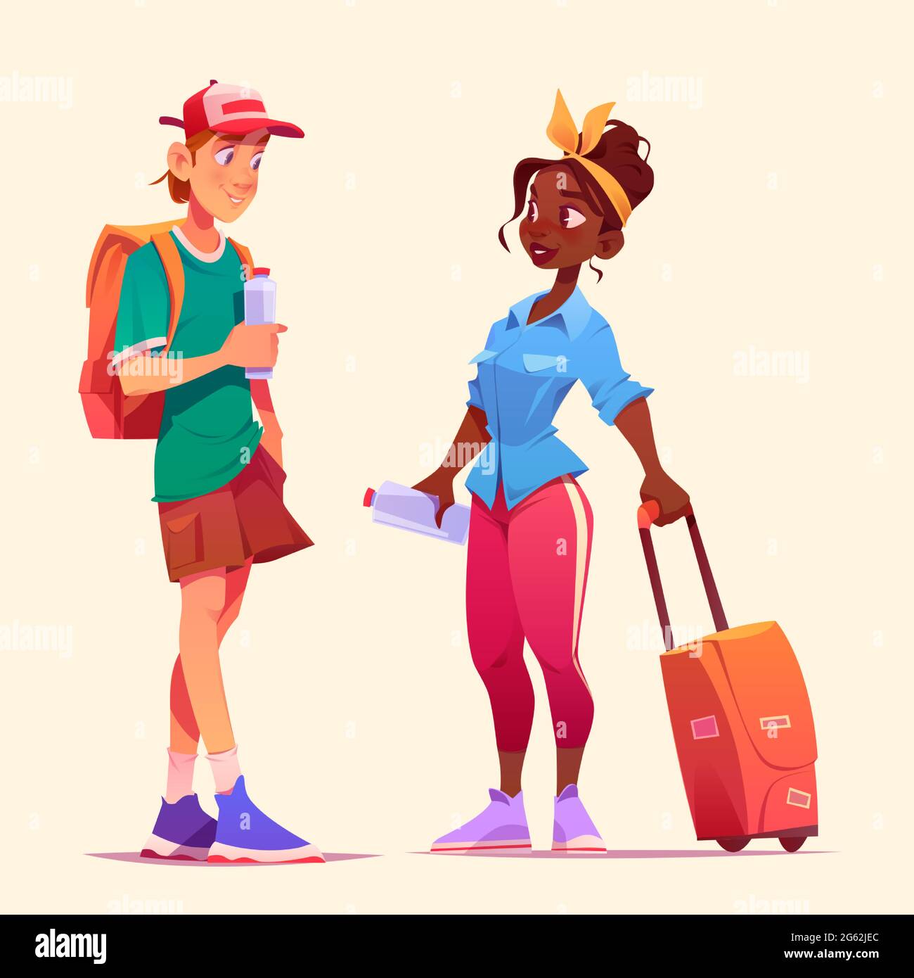 Tourists talk together. Man and woman meet in travel. Two friends or ...
