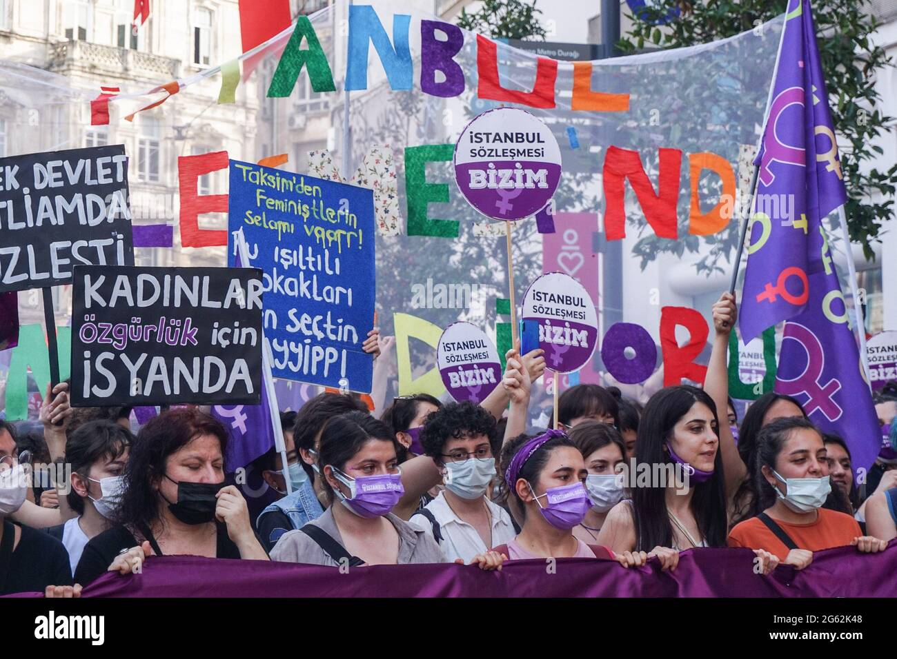Istanbul, Turkey. 01st July, 2021. Protesters hold placards during the ...