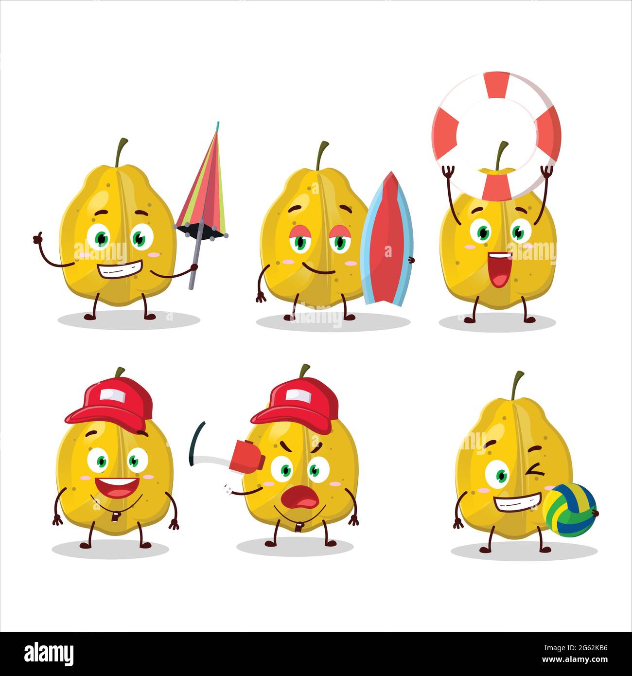 Happy Face quince cartoon character playing on a beach. Vector ...