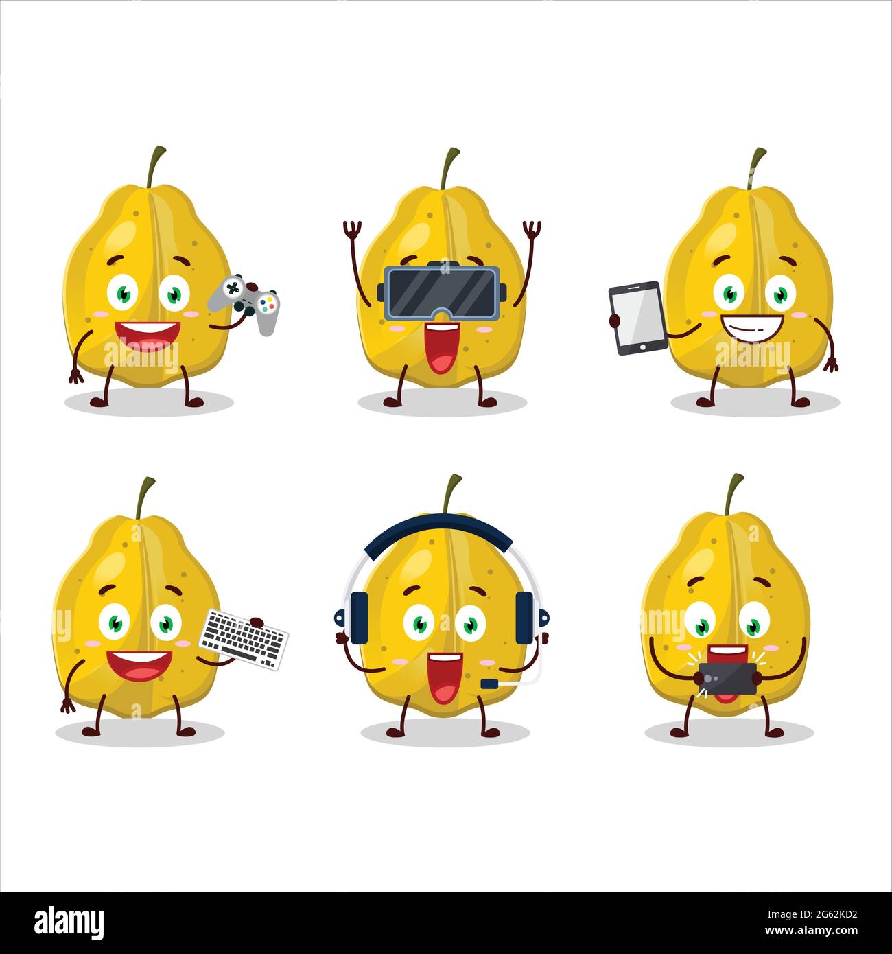 Quince cartoon character are playing games with various cute emoticons ...