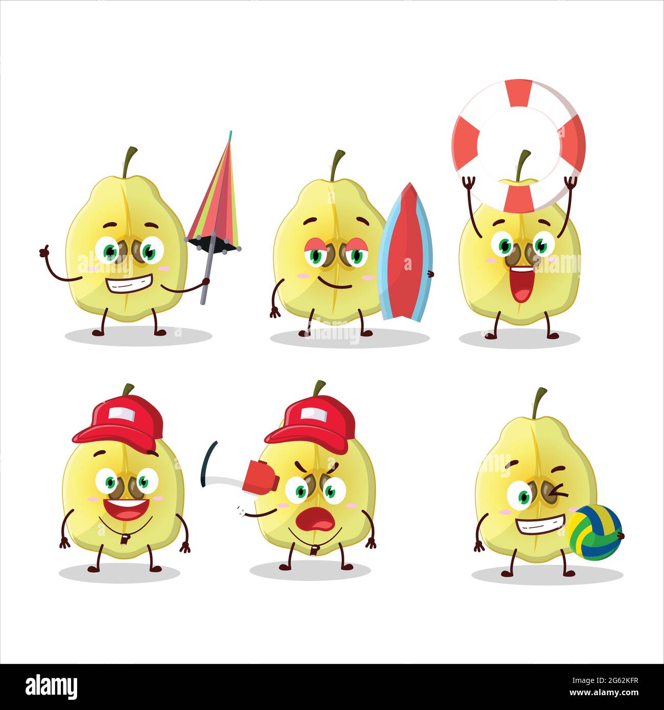 Happy Face slash of quince cartoon character playing on a beach. Vector ...