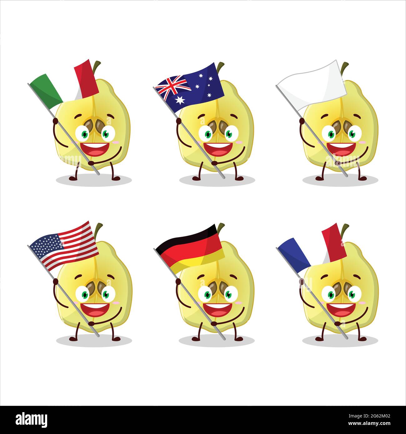 Slash of quince cartoon character bring the flags of various countries ...