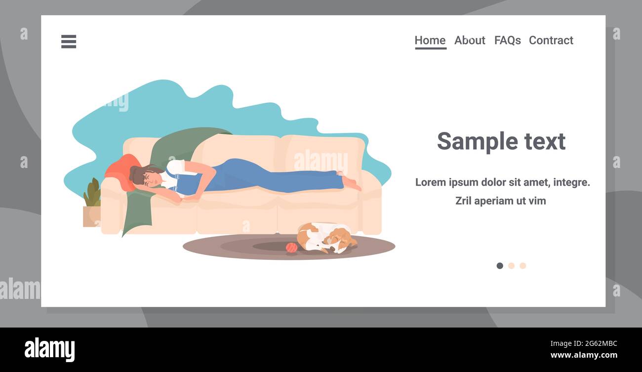 girl sleeping on couch in her living room cute dog relaxing on carpet ...