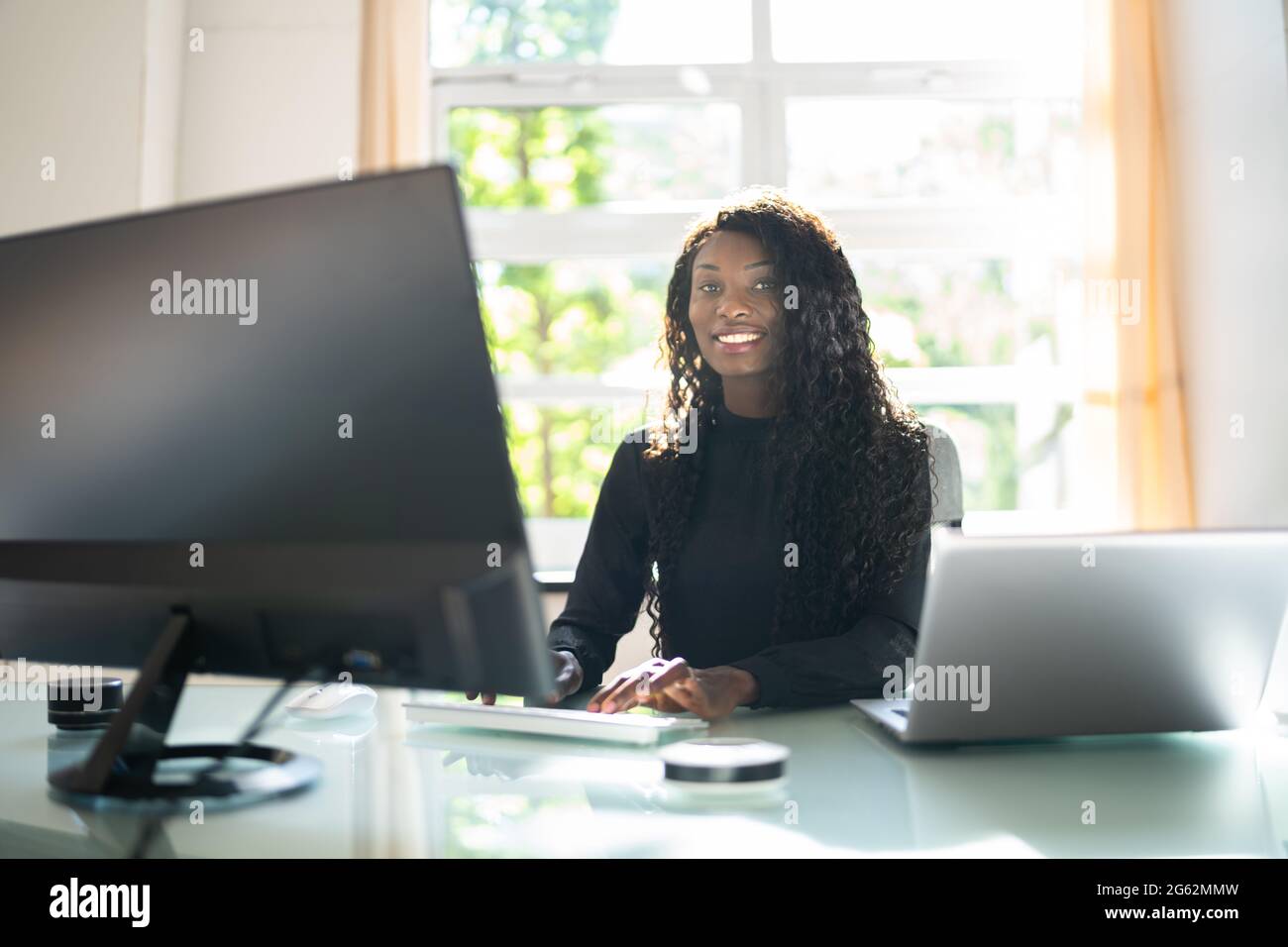 Happy Professional Woman Employee Using Computer For Work Stock Photo ...