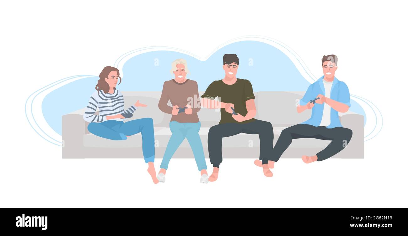 people sitting on sofa using joysticks friends having fun playing video ...