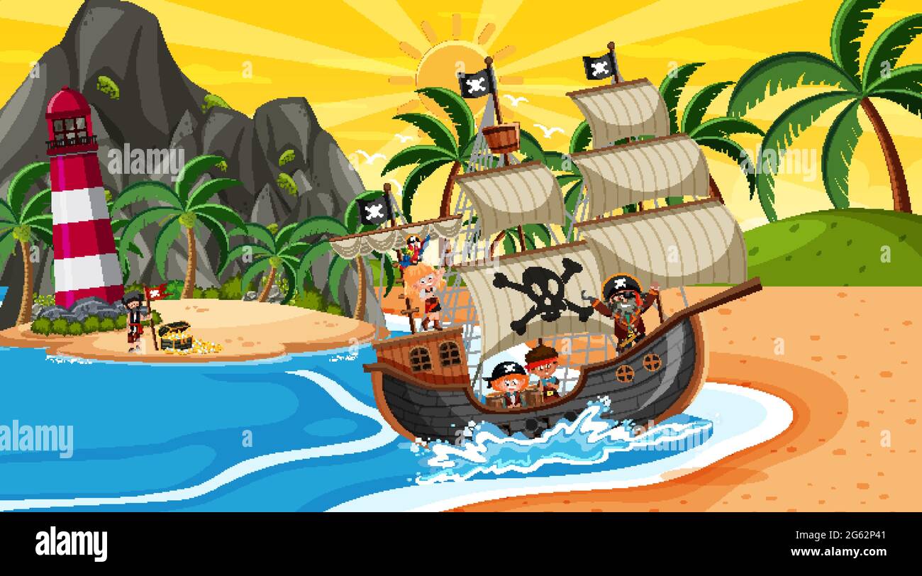 Beach with Pirate ship at sunset scene in cartoon style illustration ...