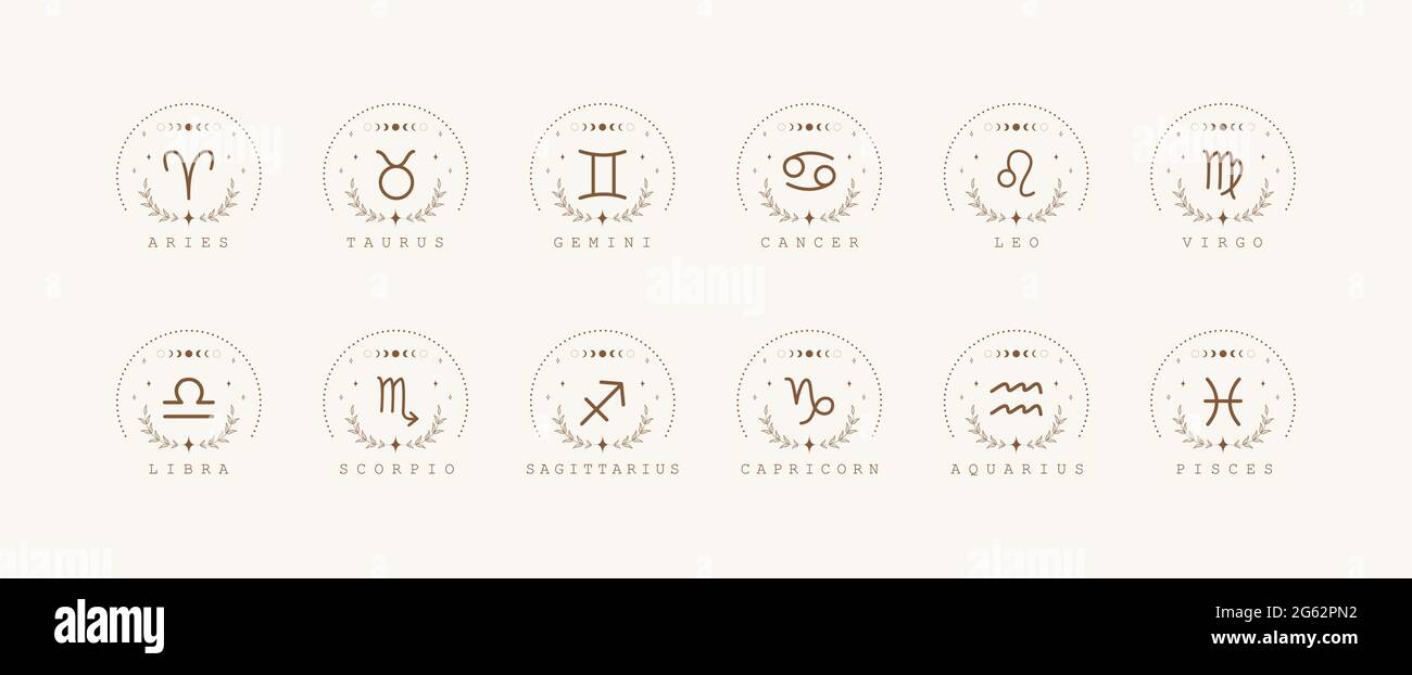 Zodiac signs in boho style. Set of astrological icons isolated on white ...