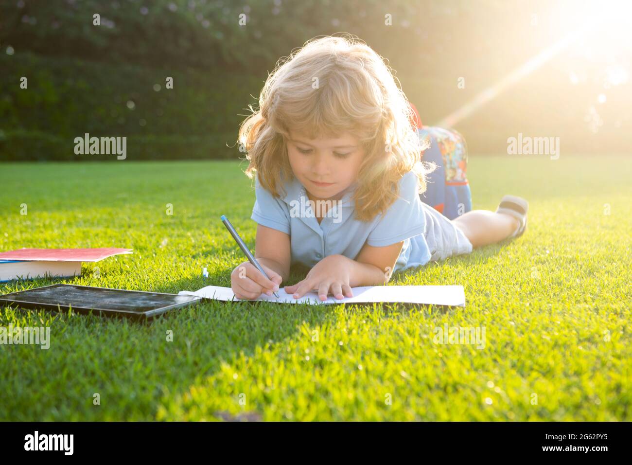Kid boy reading interest book and writing notes in copybook in the ...
