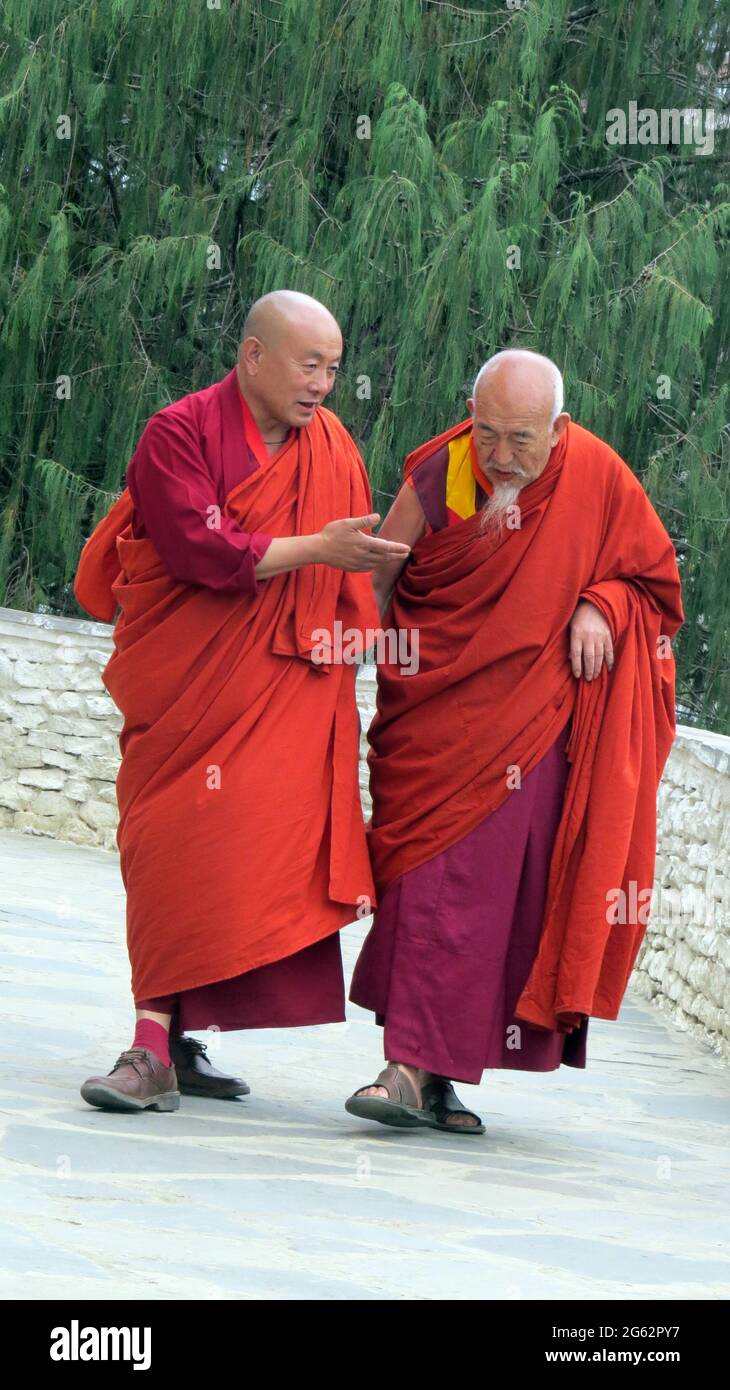 Two senior Buddhist monks in Bhutan walking down a path Stock Photo - Alamy