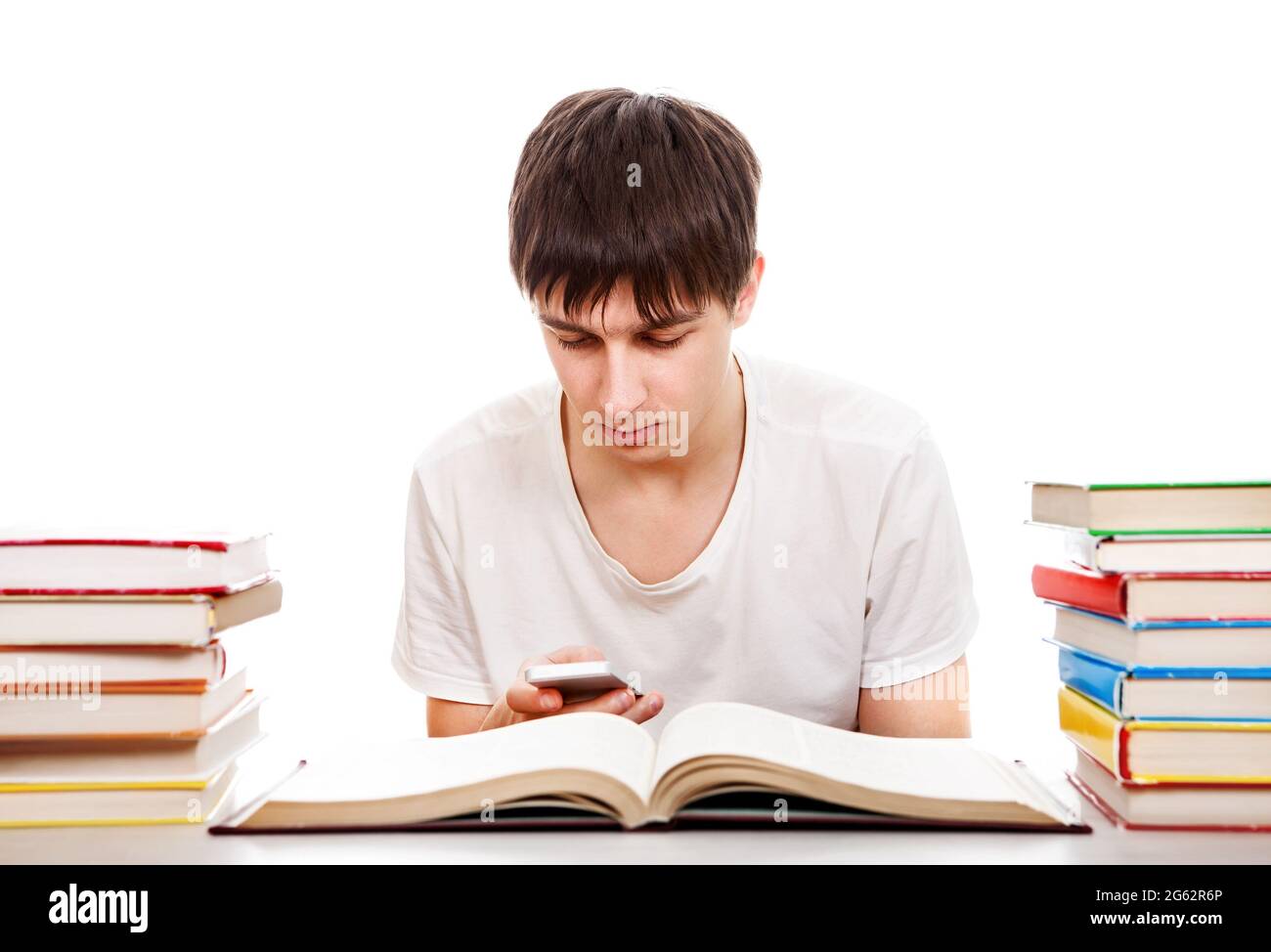 Student use Mobile Phone on the School Desk Stock Photo - Alamy