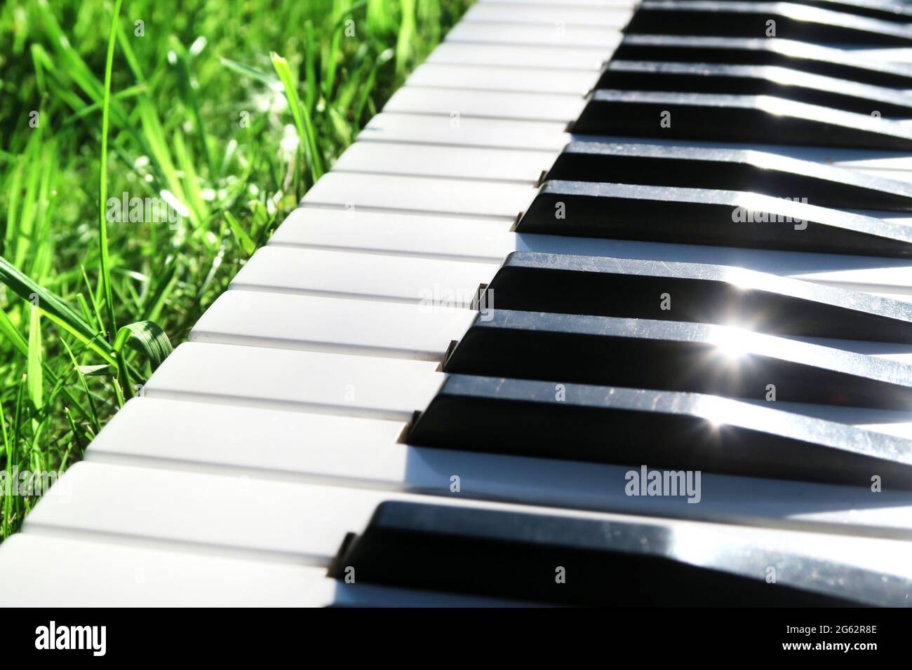 Piano Keyboard closeup on the Green Grass with a Sunlight Stock Photo ...