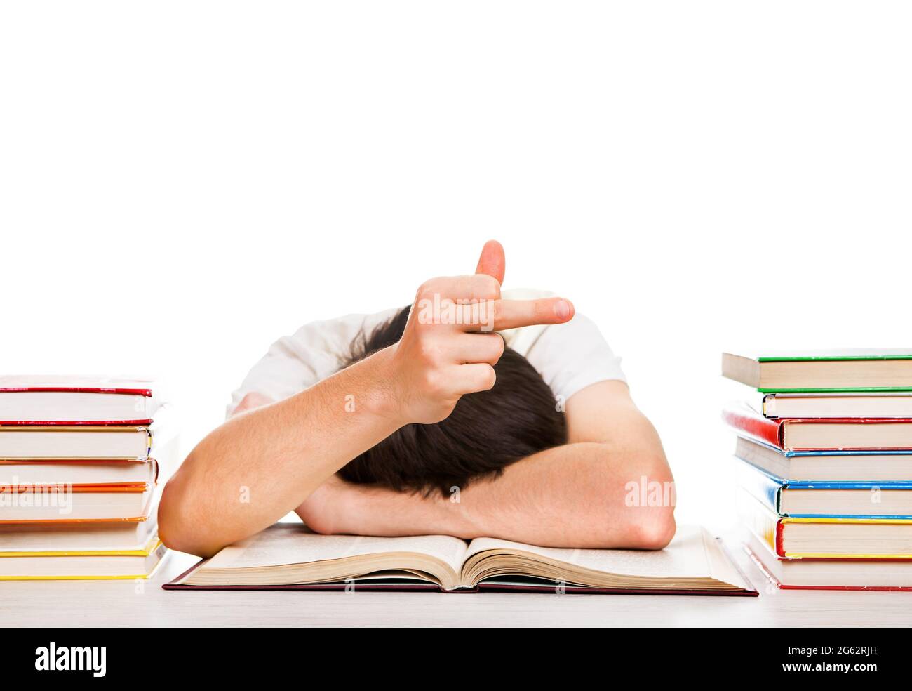 Tired Student show the Middle Finger on the White Background Stock ...