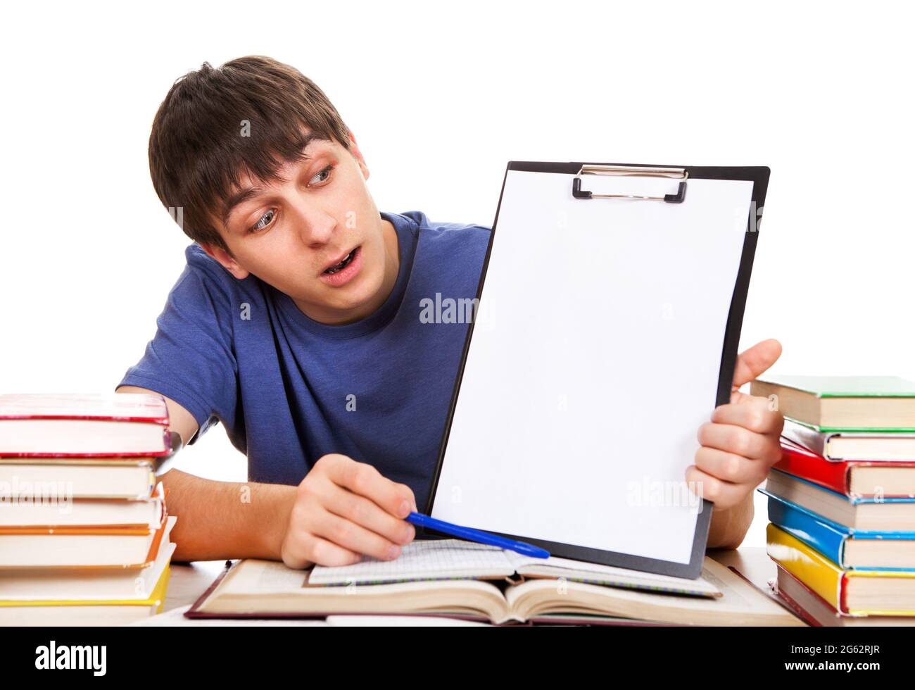 Surprised Student with a Clipboard on the School Desk Stock Photo - Alamy