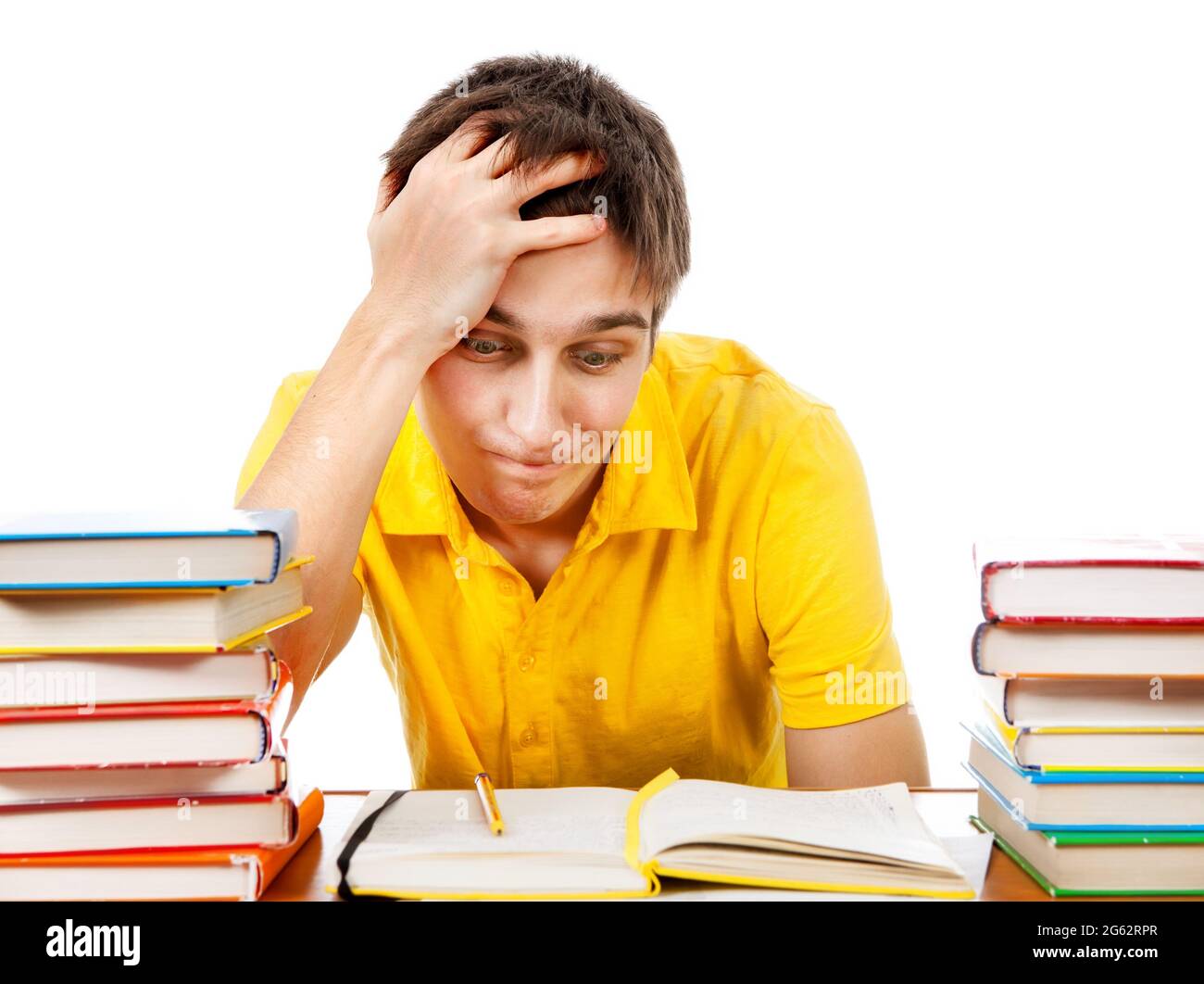 Troubled Student with a Books on the Desk on the White Background Stock ...