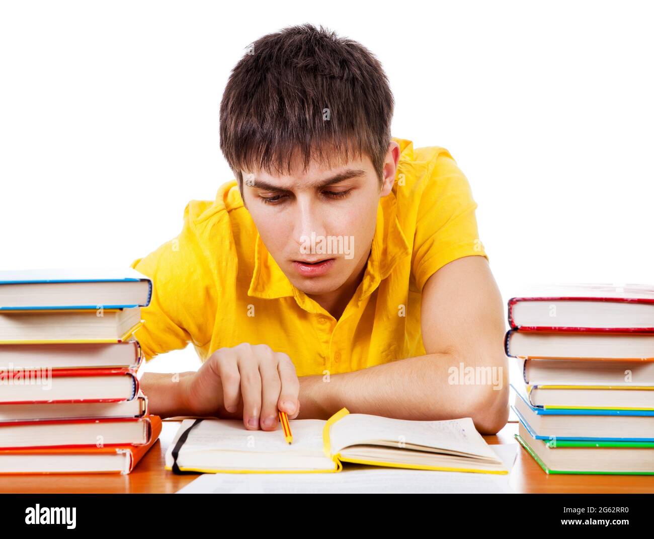 Student read a Book on the School Desk on the White Background Stock ...