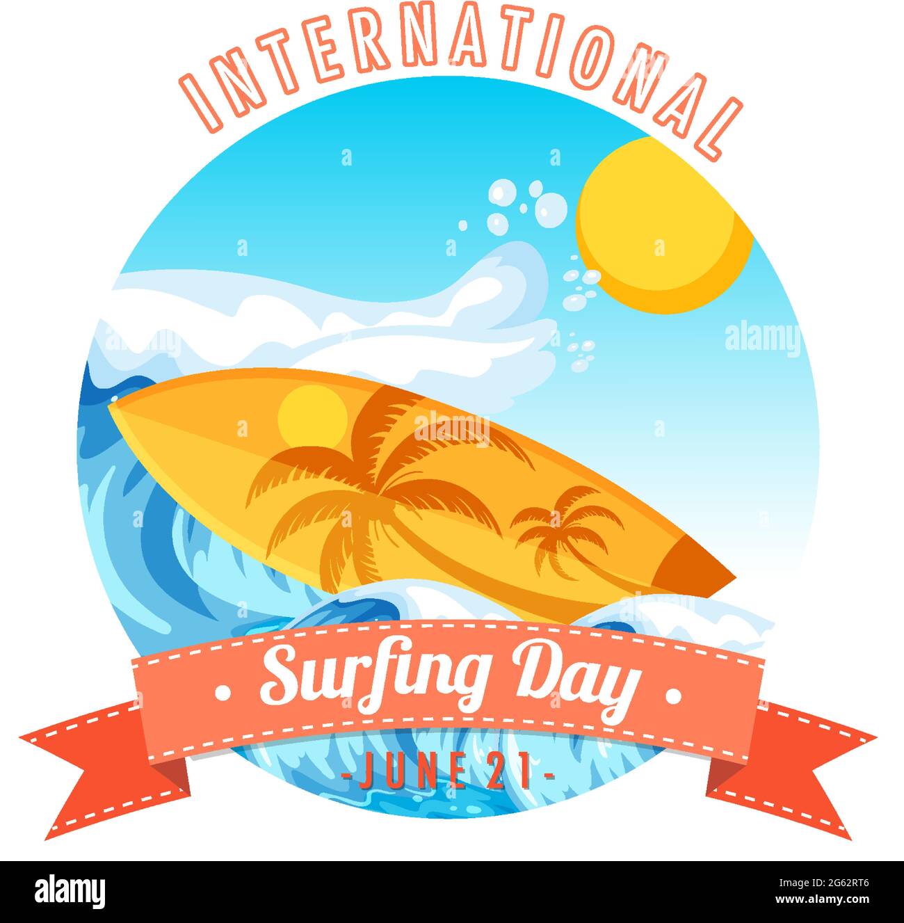 International Surfing Day banner with surfboard on water wave isolated ...