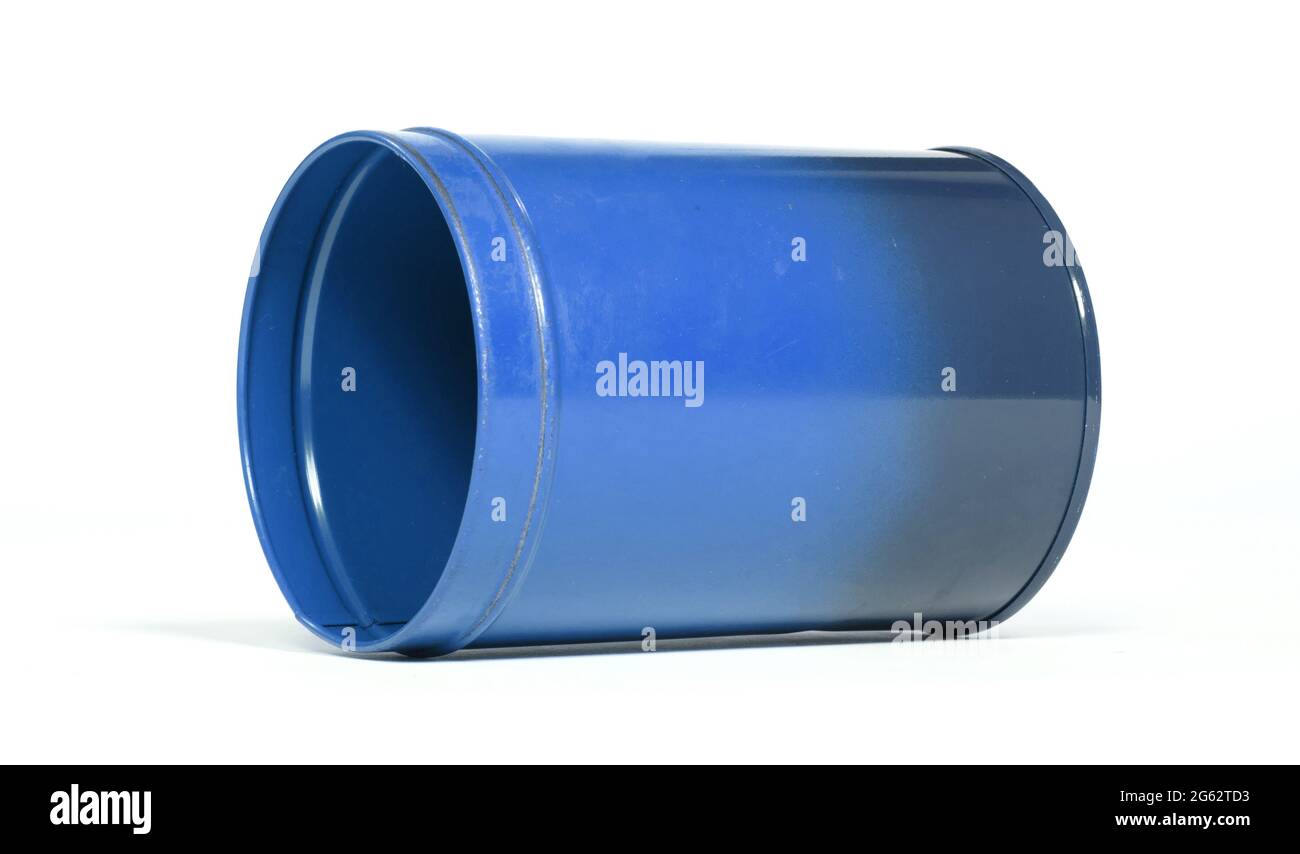 Old blue tin can, isolated on white background Stock Photo - Alamy