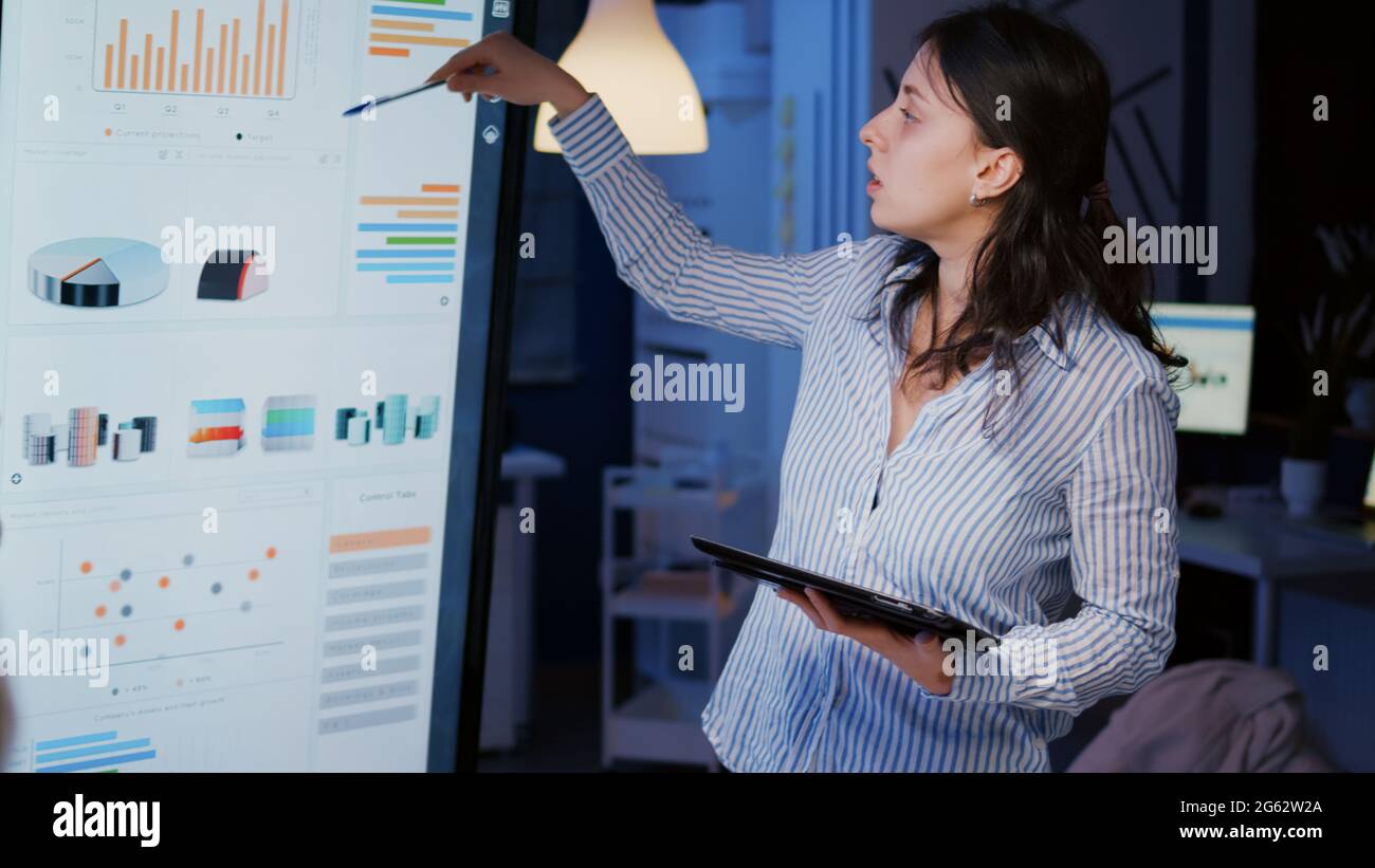 Workaholic focused businesswoman explaining management solution ...