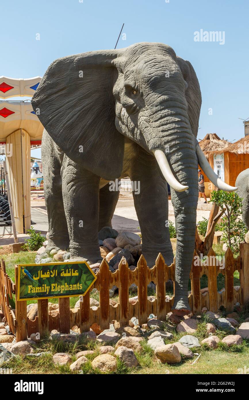 SHARM EL SHEIKH, EGYPT - JUNE 3, 2021: Figure of an elephant in a park ...