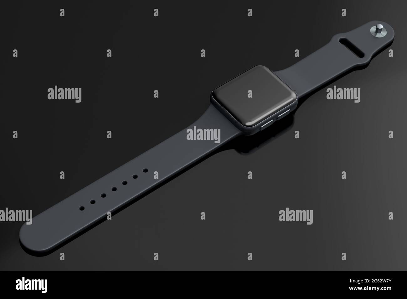 Stainless silver smart watch with black leather strap isolated on black ...