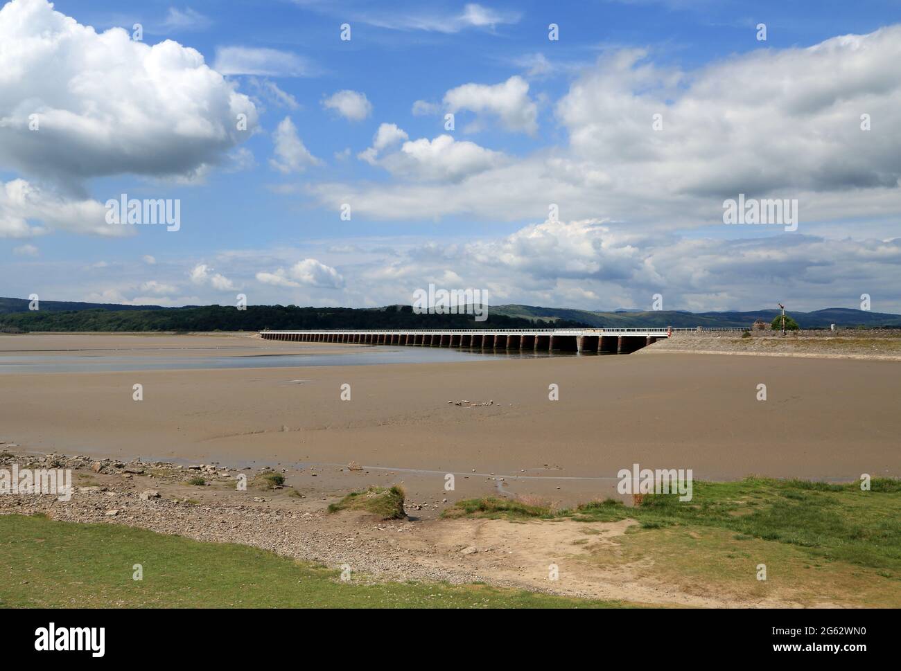 View of Kent Viaduct railway line over the tidal Kent river flowing ...