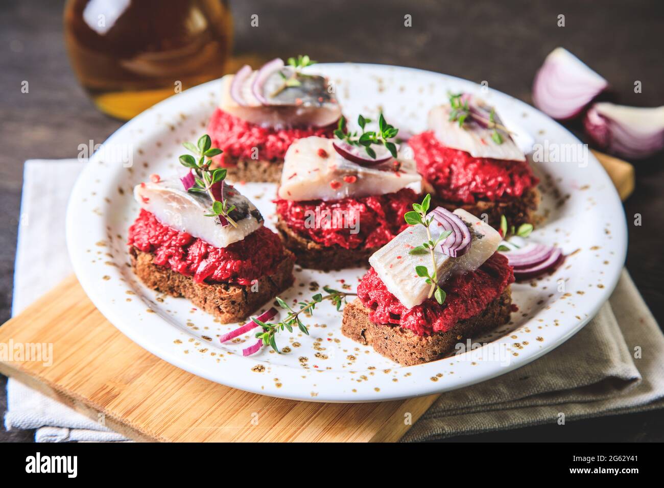 herring appetizer. Herring with beets on rye bread. Brain food concept ...