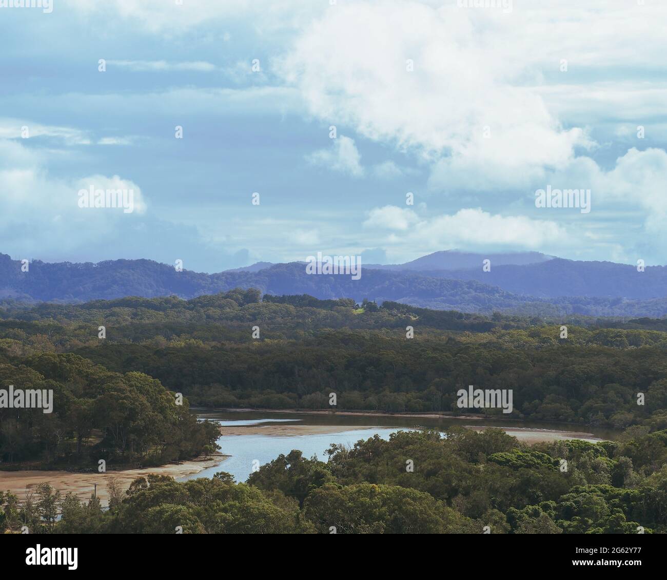 Scenic water view of a river inlet and Australian bush land from a ...