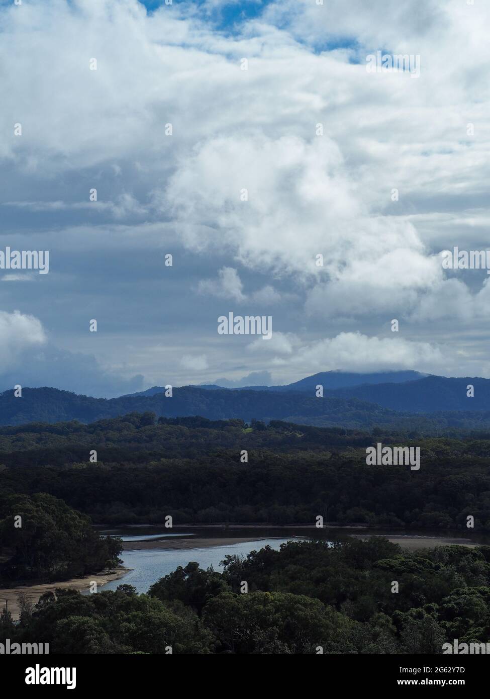 Scenic water view of a river inlet and Australian bush land from a ...