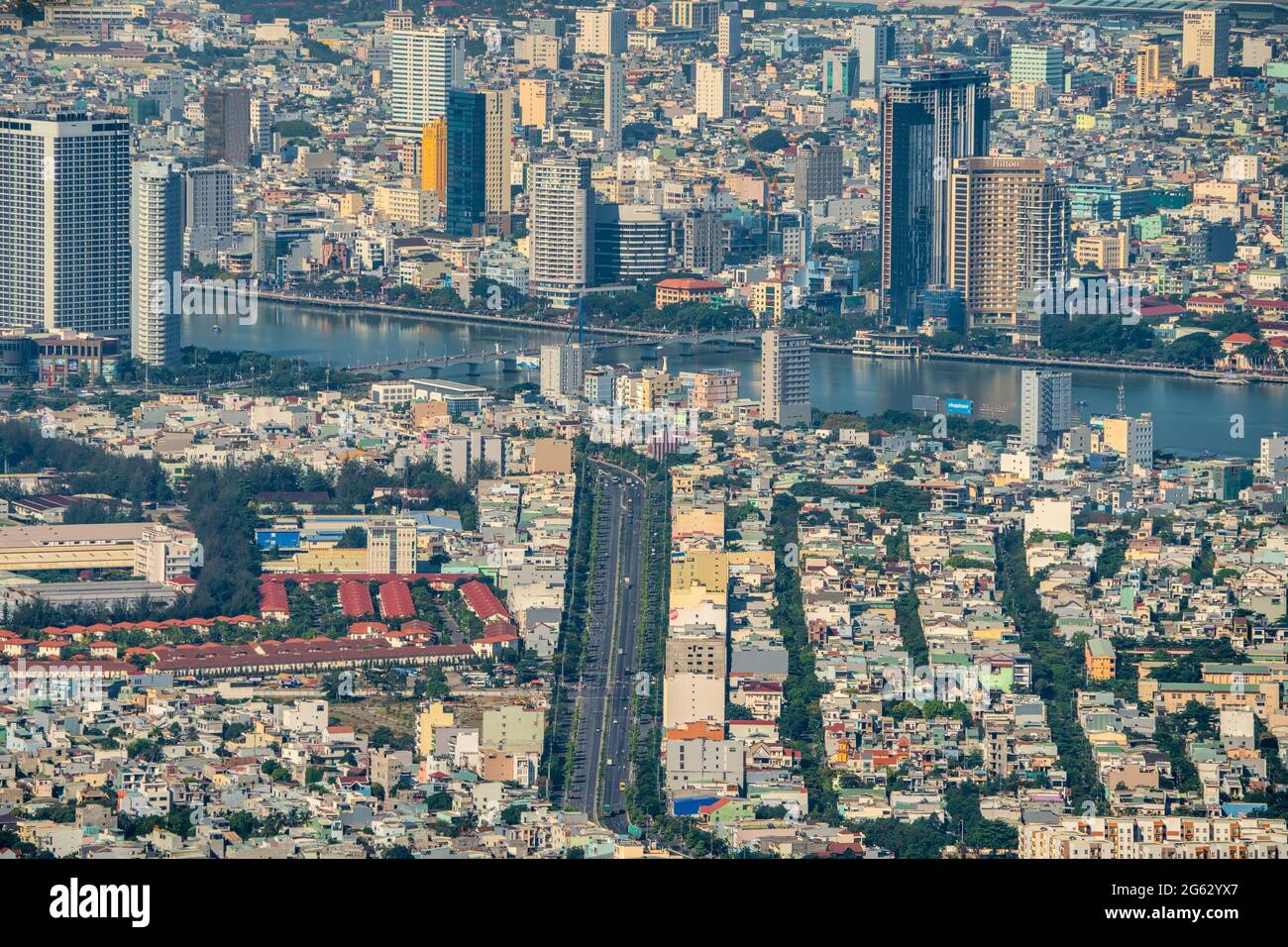 Aerial view of Da Nang city, Vietnam. Cityscape view from Son Tra ...