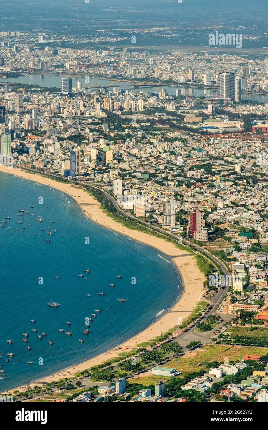 Aerial view of Da Nang city, Vietnam. Cityscape view from Son Tra ...
