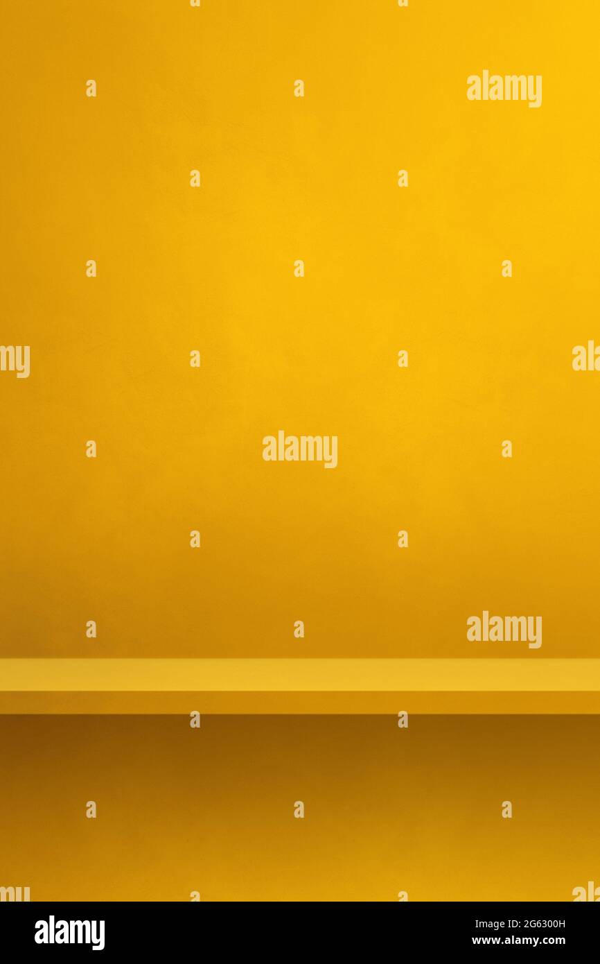 Empty shelf on a yellow wall. Background template scene. Vertical ...