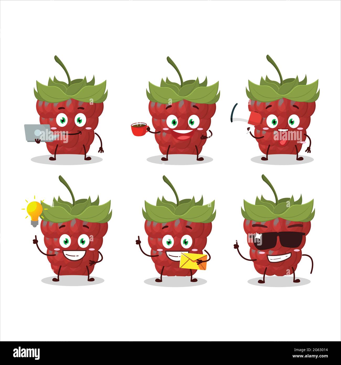 Raspberry cartoon character with various types of business emoticons ...