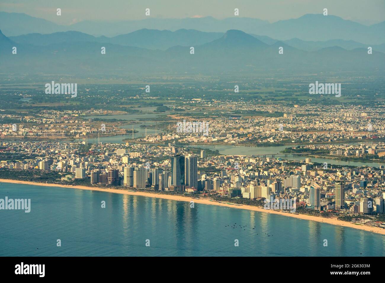 Aerial view of Da Nang city, Vietnam. Cityscape view from Son Tra ...