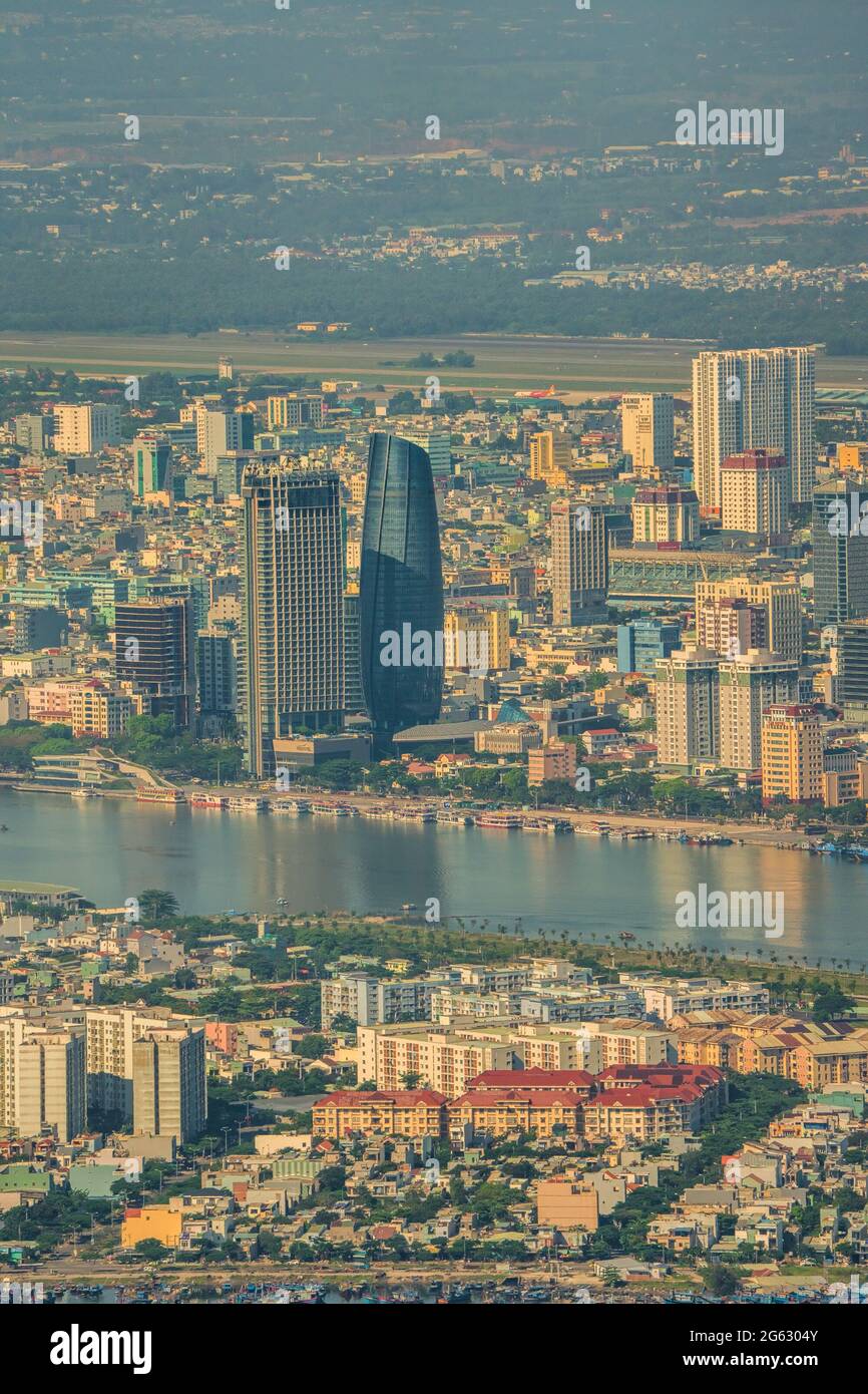 Aerial view of Da Nang city, Vietnam. Cityscape view from Son Tra ...
