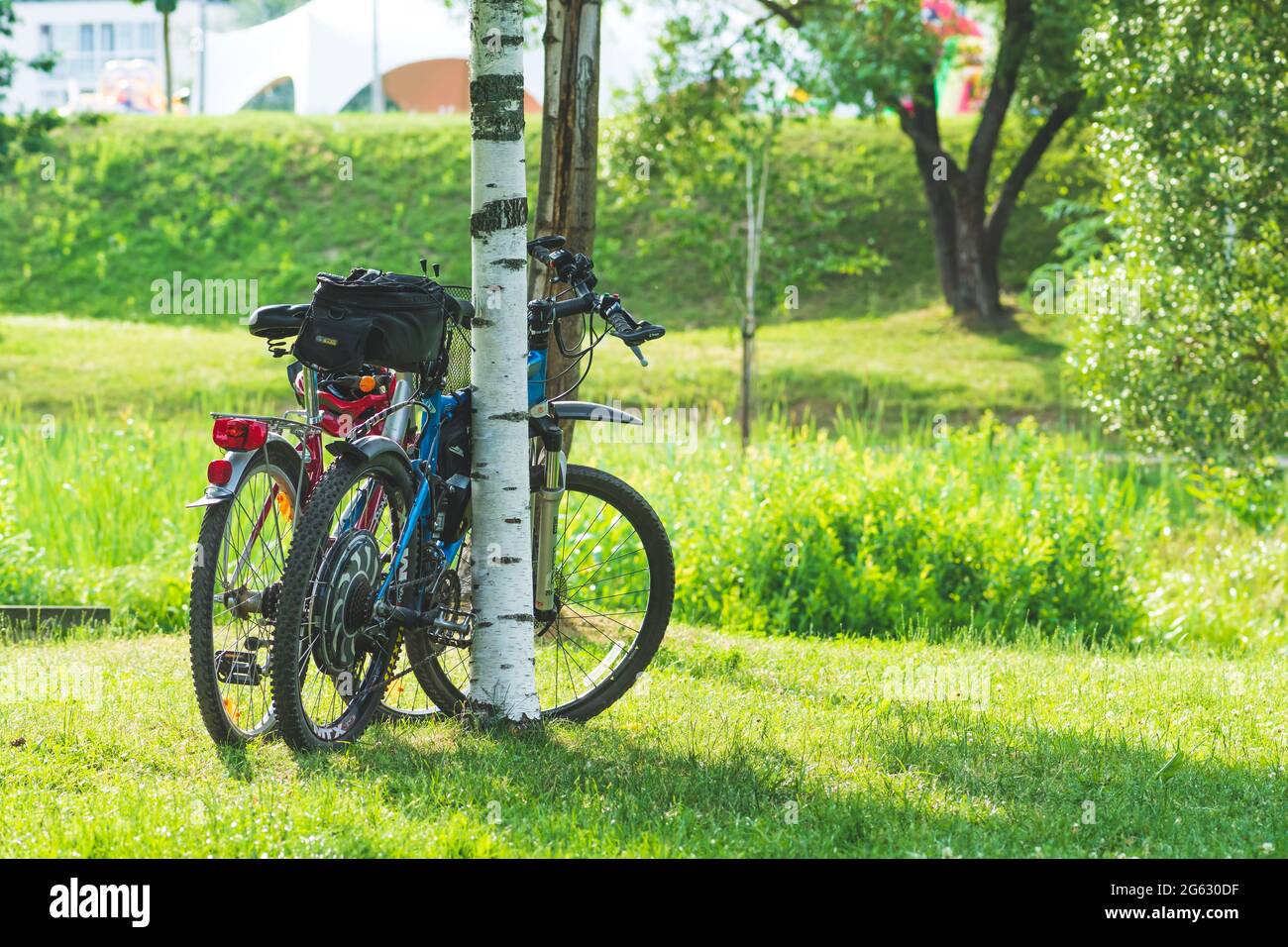 Bike leaning against tree hi-res stock photography and images - Alamy