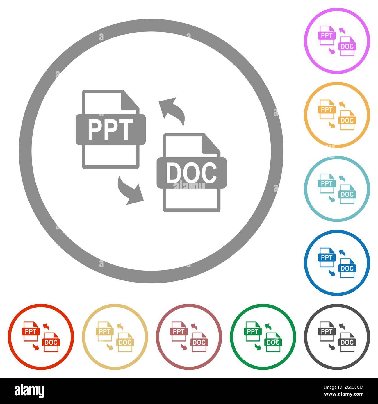 PPT DOC file conversion flat color icons in round outlines on white ...