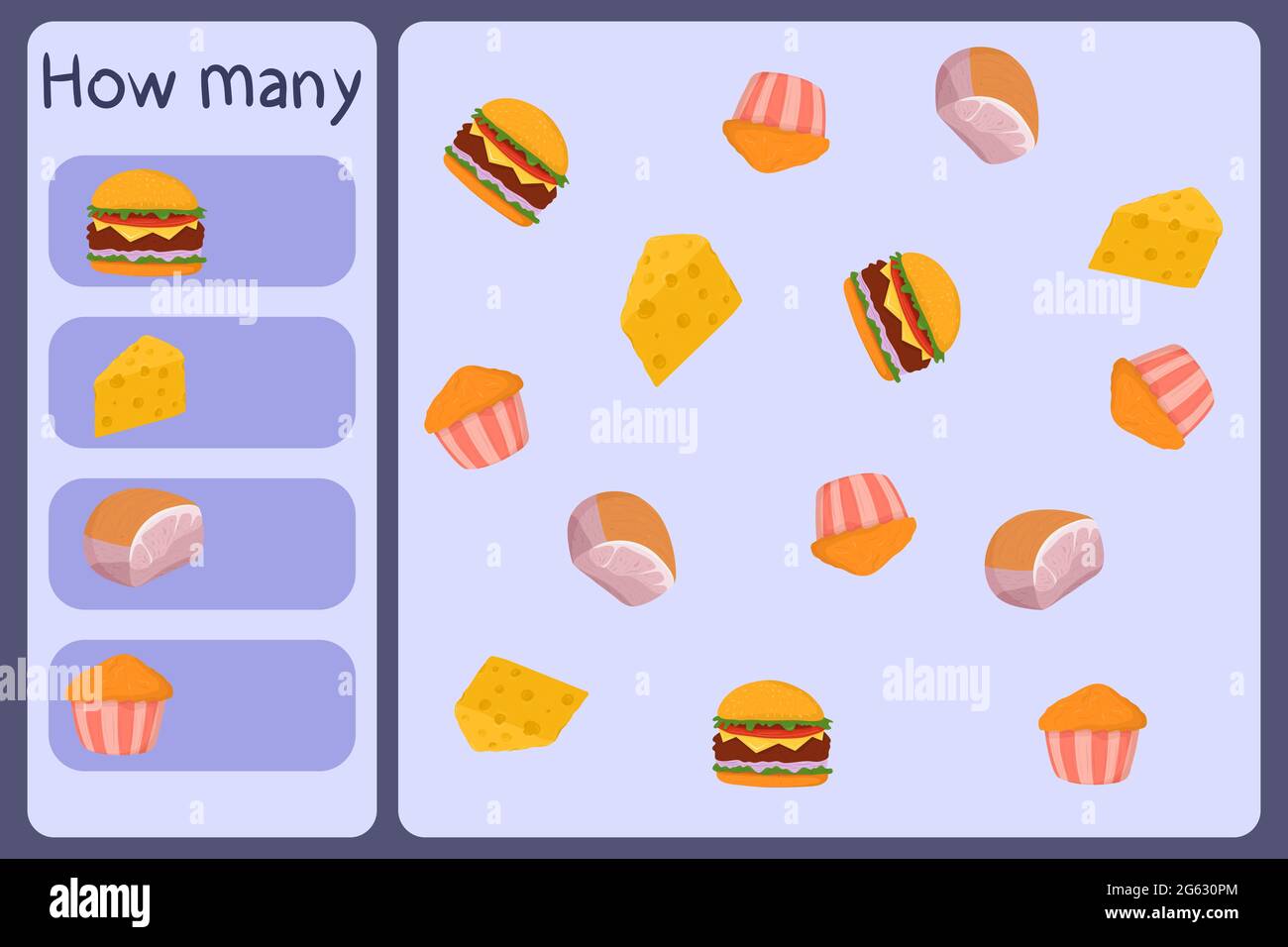 Kids mathematical mini game - count how many foods - burger, cheese ...