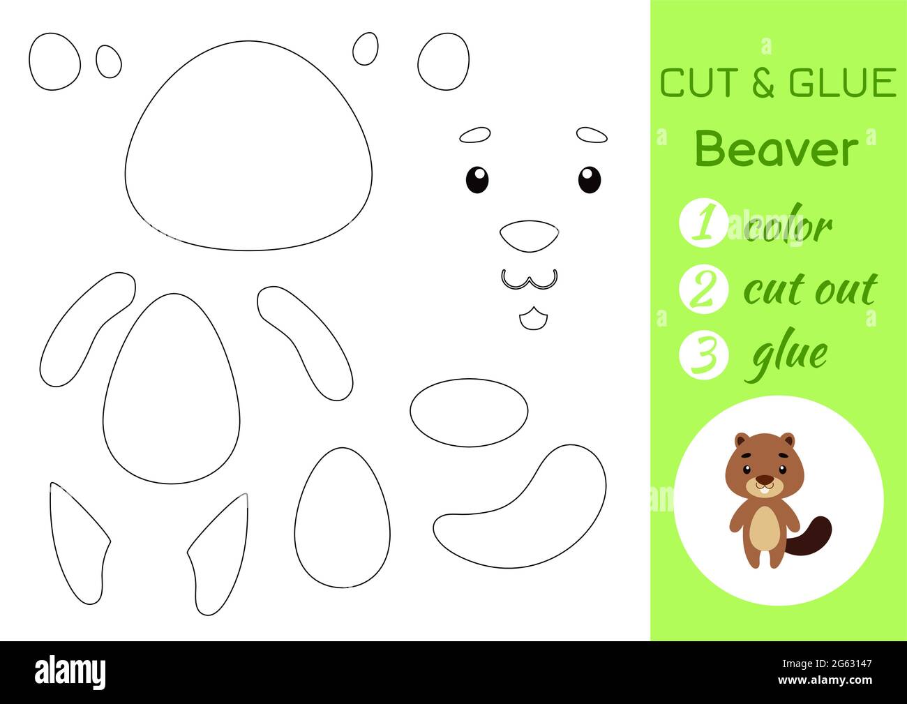 Color, cut and glue paper little beaver. Cut and paste crafts activity ...